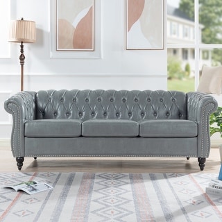 Grey 84" PU Leather 3-Seater Rolled Arm Sofa - Bed Bath & Beyond - 40884573