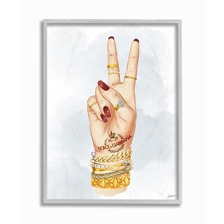Stupell Designer Peace Hand Sign with Golden Accessories Framed Wall ...