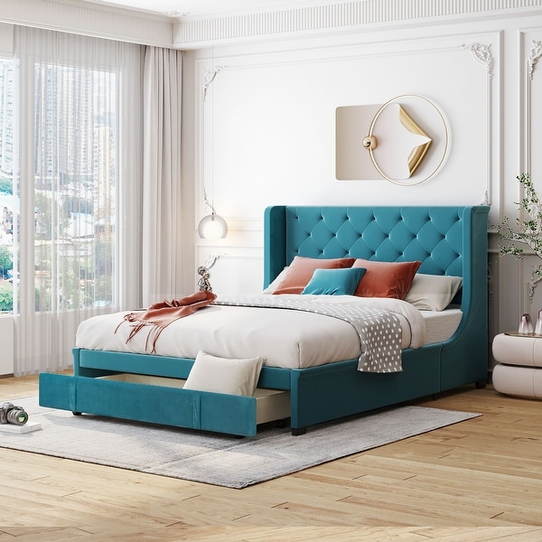 Blue Queen Size Upholstered Platform Bed with Wingback Headboard and a Big Drawer for Bedroom On Sale Bed Bath Beyond 42005998