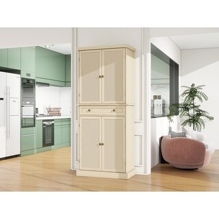 4-Door Cabinet with Drawer & Rattan Panels, Adjustable Shelves, Anti ...