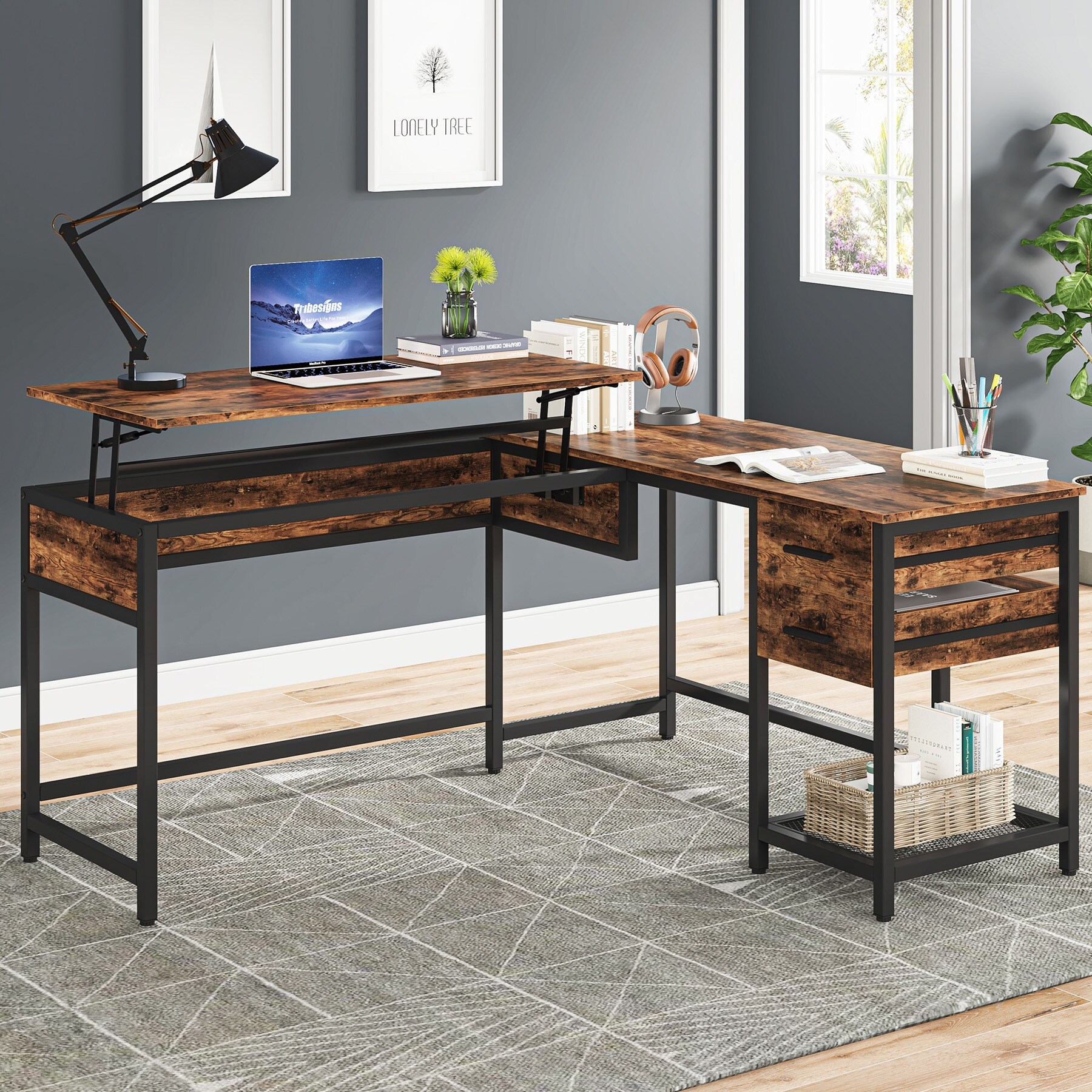 Rustic 59undefinedundefined L shaped Computer Desk with 2 Drawers Shelves Lift Top Corner Table Workstation for Home Office On Sale Bed Bath Beyond 36409379