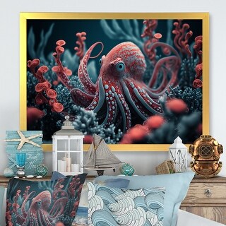 Designart "Red Octopus On The Ocean Floor I" Animal Octopus Framed Art ...