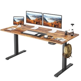 55 in. height-adjustable desk, natural wood tan, multi-purpose computer ...