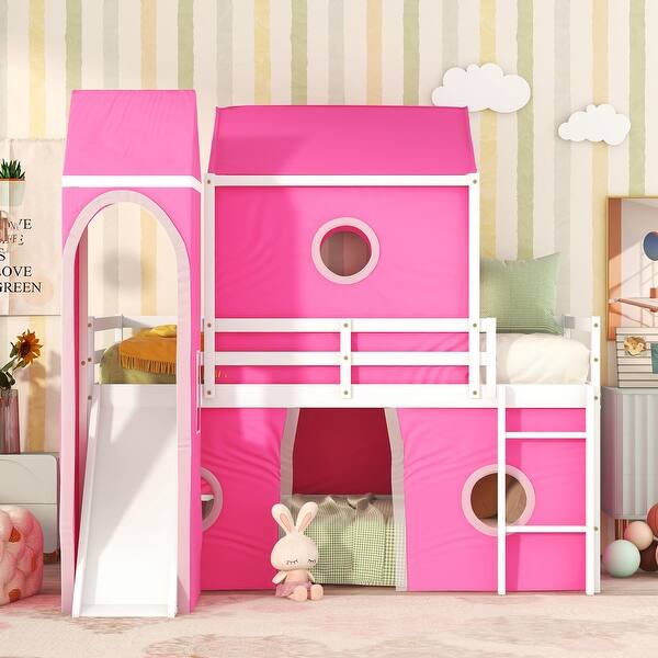 Pine Wood Bunk Bed with Castle-Inspired Tower, Slide, and Semi-Enclosed ...