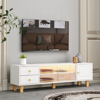 Contemporary TV Stand with LED Lighting, Yakeli Sliding Doors, and ...