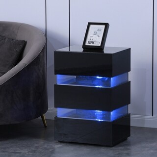 High Gloss LED Side Table, Modern Nightstands with 3 Drawer - Bed Bath ...