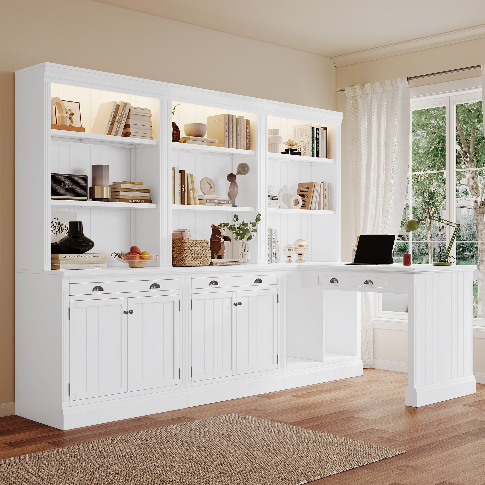 Modern Bookcase Suite, 2 Tall Bookshelf & 1 Writting Desk Suite with ...