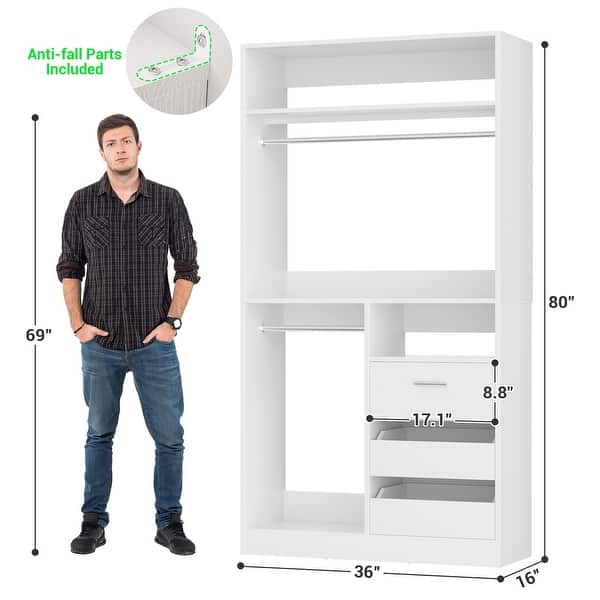 Qvella 72"-108" Closet System with Drawers and Hanging Rods ...