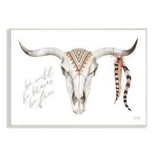 Stupell Be Wild Longhorn Boho Bull Geometric Feather Patterns Wood Wall ...