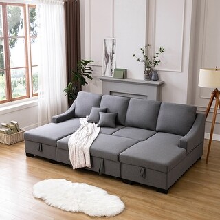 Grey Linen Convertible Large U-Shape Sleeper Sectional Sofa with Pull Out Sofa Bed, Double ...