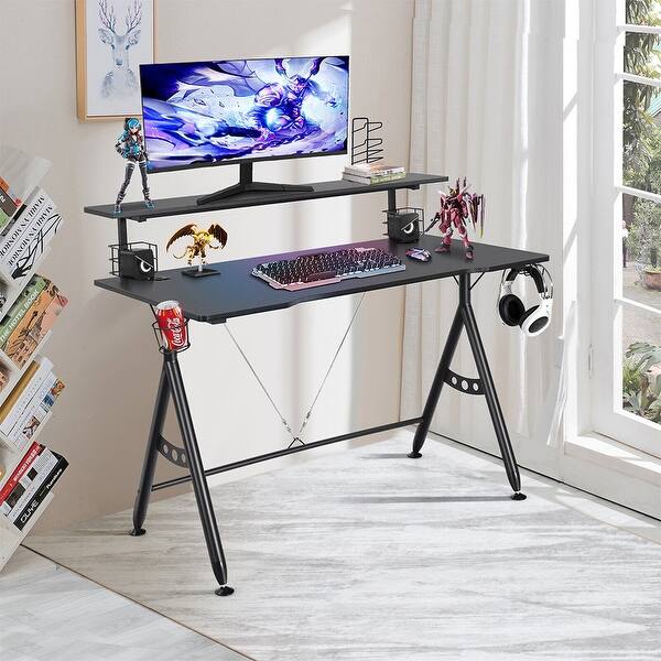 Home Office Computer Table W/ Monitor Shelf & Cup Holder Black - Bed ...