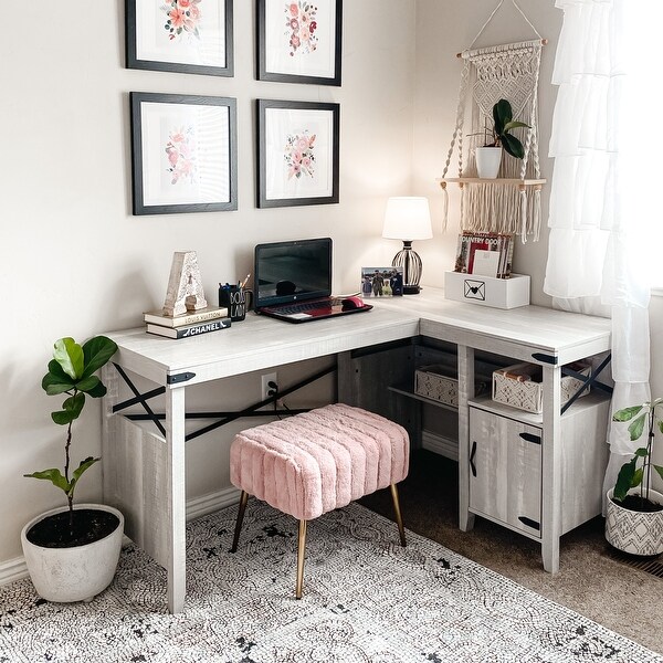 60 in. Farmhouse L Shaped Computer Desk with Storage Cabinet and Bookshelf Wash Grey