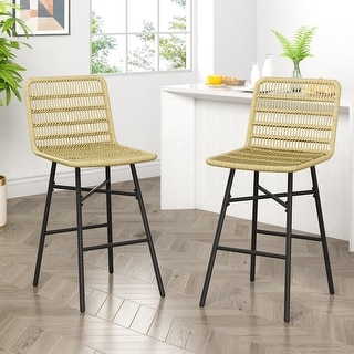 Grondin Boho Style PE Rattan Bar Stool Set of 2, Woven Wicker Dining ...