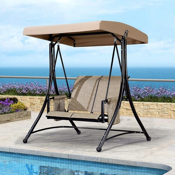 PURPLE LEAF Deluxe Outdoor Patio Porch Swing with Weather Resistant Steel Frame Adjustable Tilt Canopy Beige On Sale Bed Bath Beyond 37503530