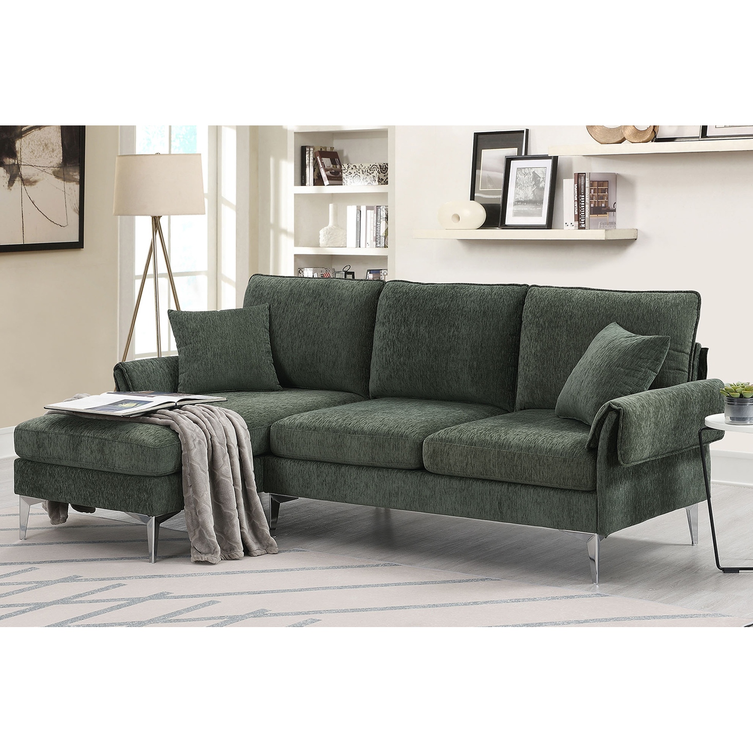 Convertible L Shaped Sectional Sofa 84 with Reversible Chaise Chenille Fabric Green Bed Bath Beyond 40863983