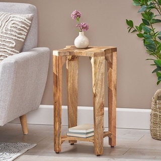 Carved Wood Accent Table with Concave Design and Pedestal Stand Rustic ...