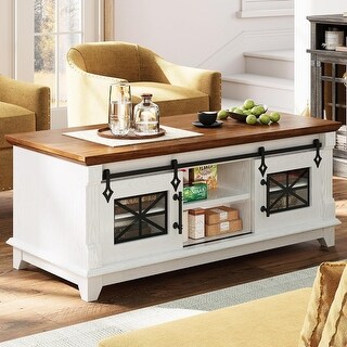 48'' Coffee Table with Sliding Doors, 6 Storage Spaces, Glass Panels ...