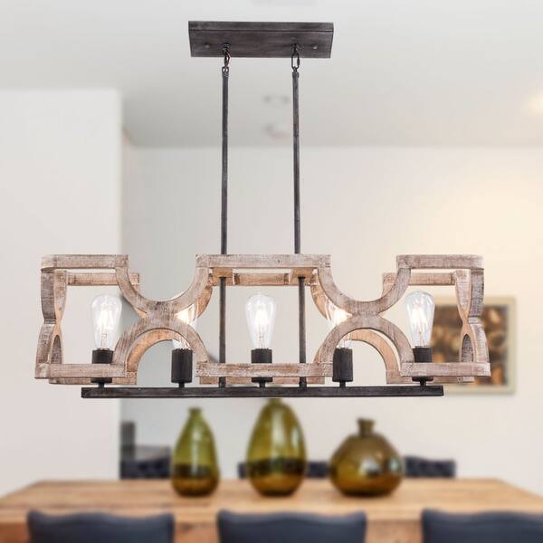 35" Wood Modern Farmhouse Kitchen Island Chandeliers 5-Light Linear ...