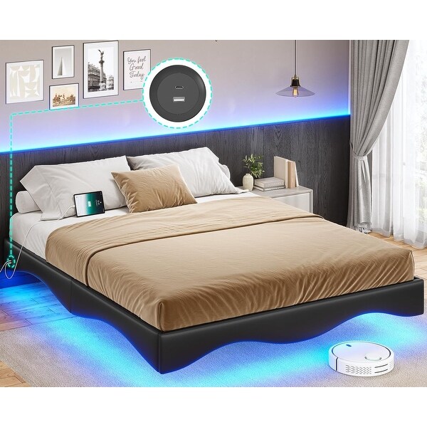 Floating Bed Frame with LED Lights Metal Platform Bed - On Sale - Bed ...