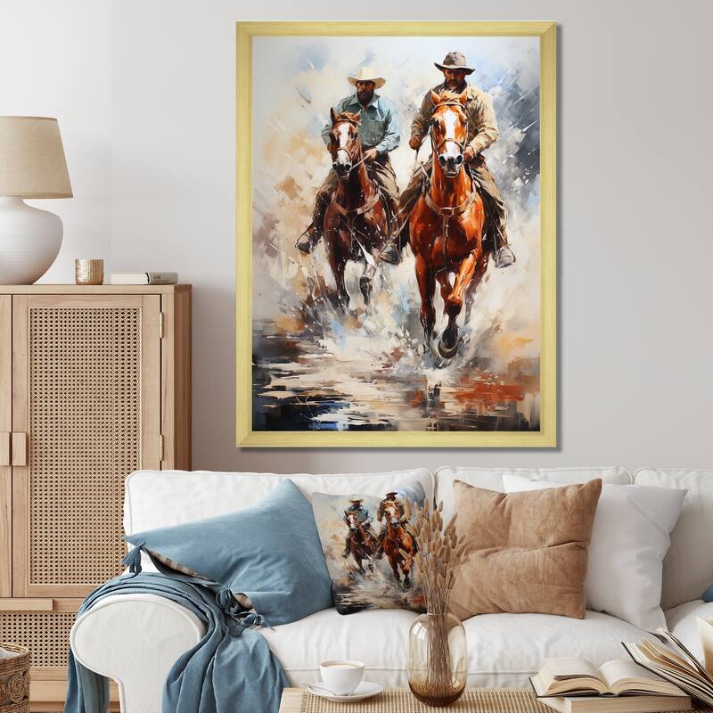 Designart "Vintage Rodeo Riders Western I" Cowboys Wall Decor Brown ...