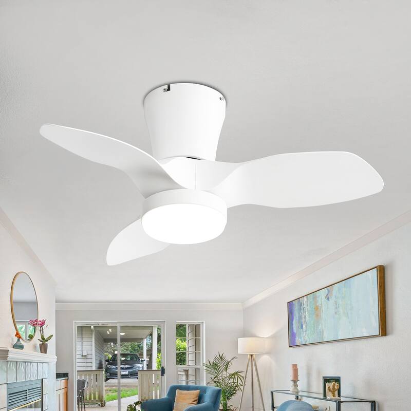 32 Inch Flush Mount LED Ceiling Fan with Lights Remote(3-Blade) - On ...