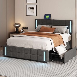 Gray Linen Smart Led Upholstered Queen Platform Bed, Usb Ports, 4 ...