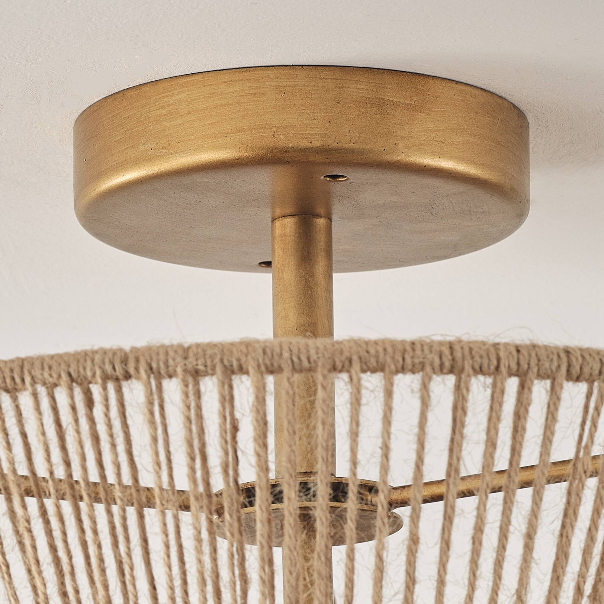 2-Light Bohemian Gold Jute Rope Woven Semi-Flush Mount Ceiling Light ...
