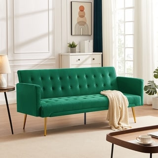Folding Futon Green Velvet Sleeper Sofa Bed, 3 Seat Straight Row Sofa ...