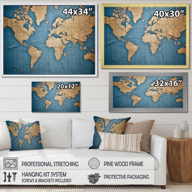 Designart "Ancient Map of The World VII" World Map Framed Canvas Prints ...