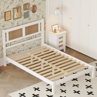 Classic Beach Platform Bed with Rattan Headboard, Queen Size - Bed Bath ...