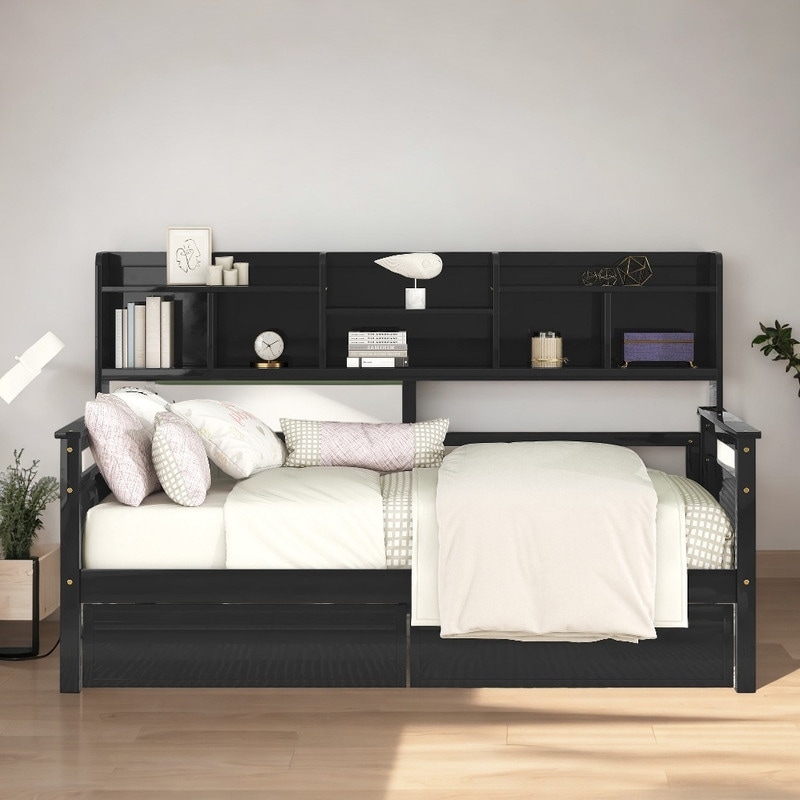 Wood Slat Support Daybed Frame with Bedside Shelf and 2 Pull-out ...