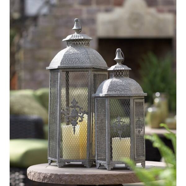 Set of 2 Antique Mesh Lantern Pillar Candle Lanterns 25.5" - Bed Bath ...