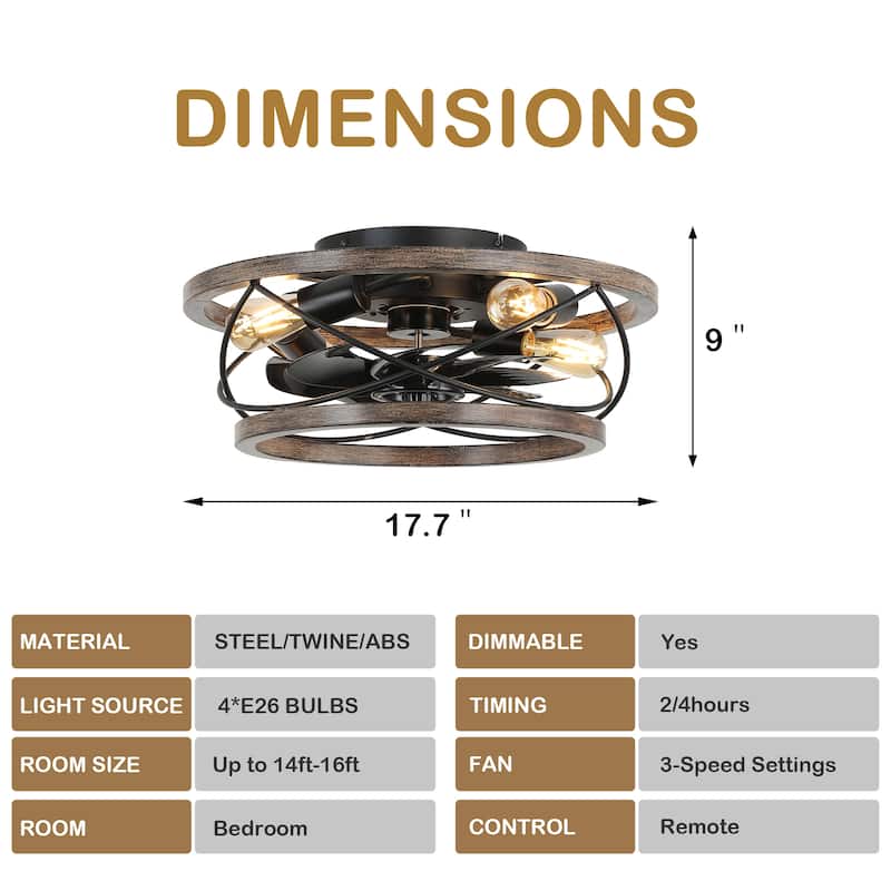 18" Rustic Wood Caged Ceiling Fan, 3-Speed Reversible Farmhouse Ceiling ...