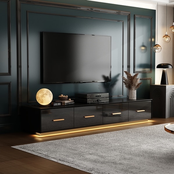 Black Entertainment Center Spacious Luxurious TV Stand Golden Accents 70.9