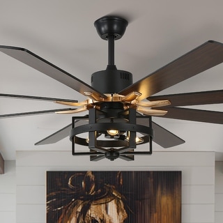 65" Large Wood Blade Ceiling Fan, 8 Blades and 3 Lights, Quiet DC Motor ...