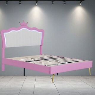 Full Size Princess Bed Frame with Crown Headboard, LED Lights, and No ...