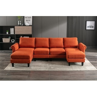 U-shape Accent Sectional Sofa Set Linen Convertible Couch Set witjh ...