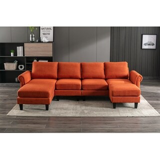 U-shape Accent Sofa Set Linen Couch Set with Reversible Ottomans Sofa ...