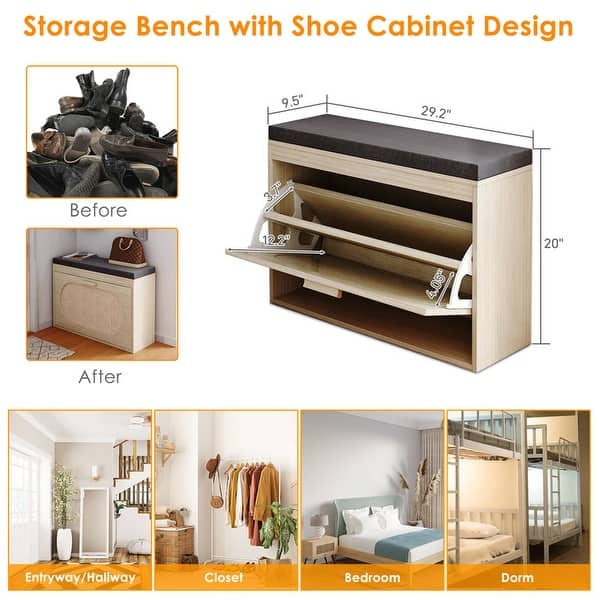 Rattan Shoe Rack Hallway Shoes Srorage Bench with Flip-Drawer and Seat ...