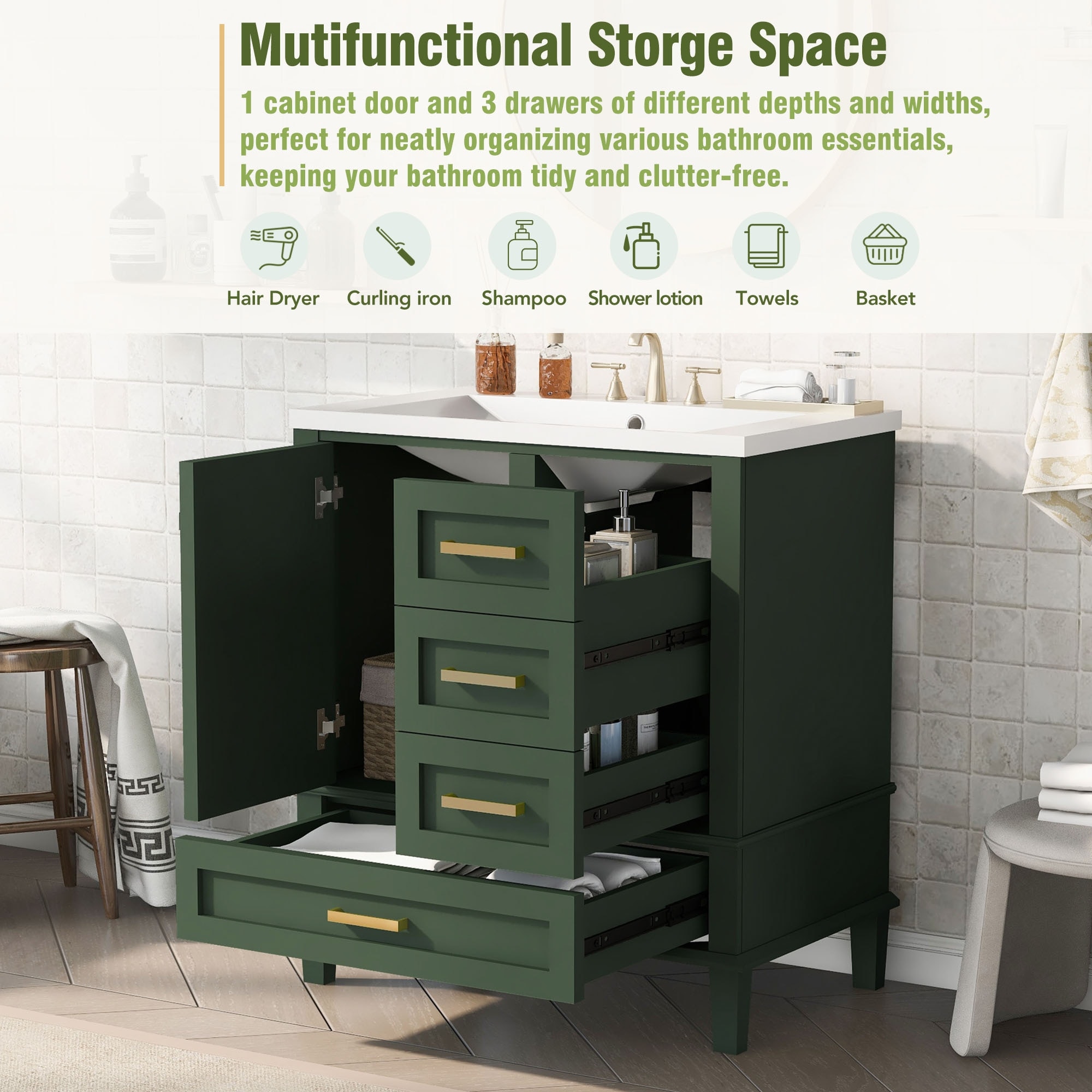Green Bathroom Vanity with Sink Tip-out Drawer Floor Storage Cabinet ...