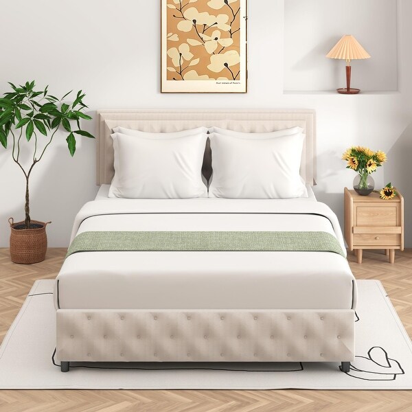 EROMMY Modern Stylish Upholstered Bed Bed Frame with Headboard 4 Storage Drawers LED Storage Queen King Beige On Sale Bed Bath Beyond 41149371