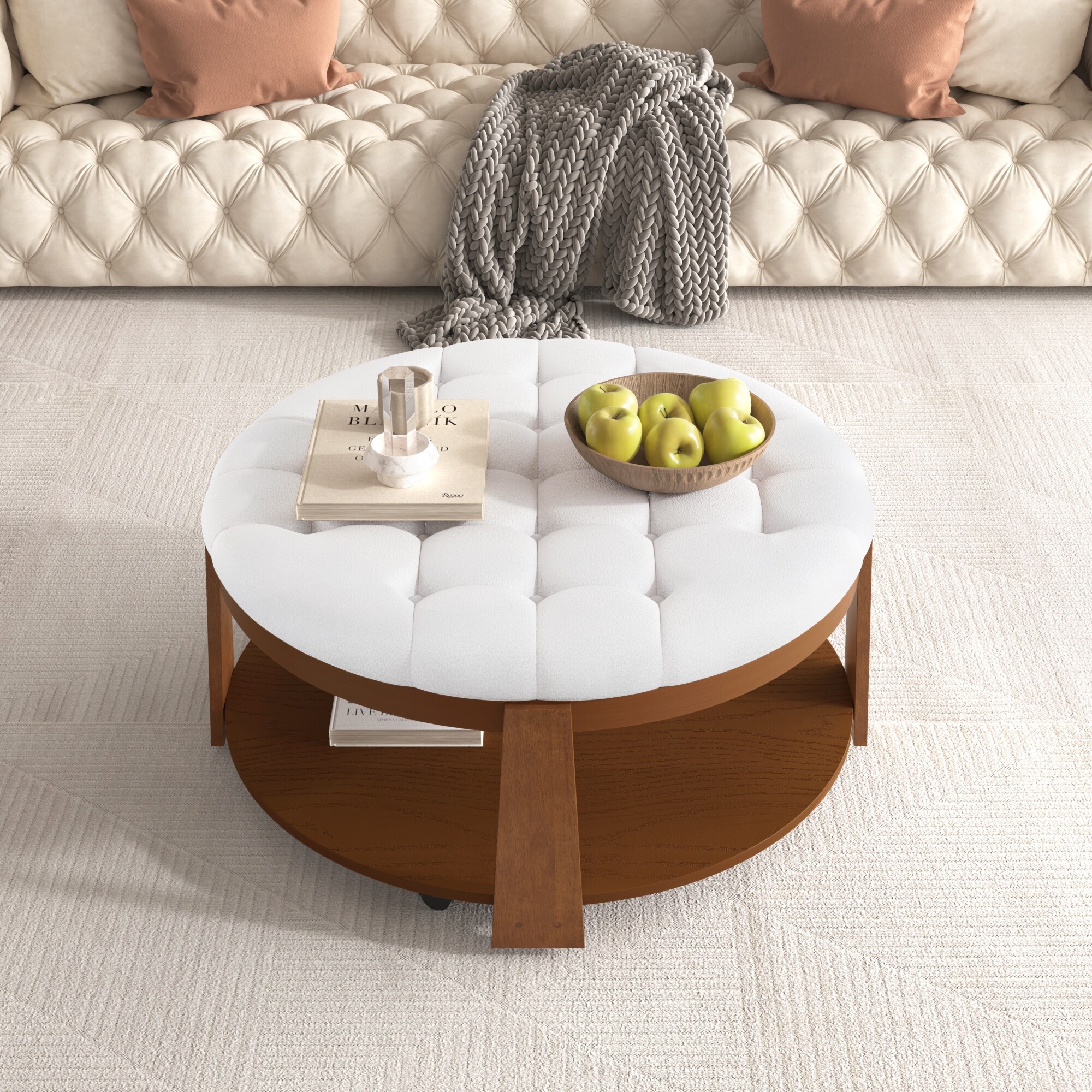 Round Coffee Table 2 Tier Cocktail Button Tufted Ottoman Ivory White