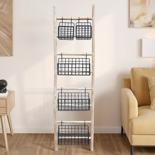 8-Tier Blanket Ladder with 5 Removable Baskets, Wooden Leaning Ladder ...