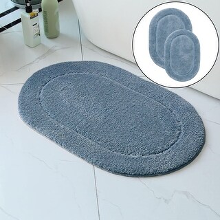 2 Piece Bath Mat Set - Denim Blue Oval Solid Bordered Bathroom Mat Soft ...