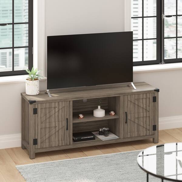 59" Modern Farmhouse Media Console with Barn Doors & Adjustable Shelf ...