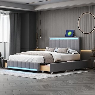 Full Size Upholstered Platform Bed with LED Light and 4 Drawers - Bed ...