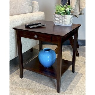 2-Tier Solid Acacia End Table with Drawer and Metal Reinforcement - Bed ...