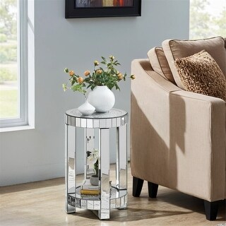Mirror Round Table with Crystal Inlay,2-Layer Modern Small Sofa Table ...