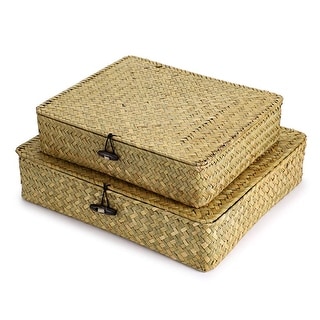 Natural Seagrass Storage Bins with Lid, Woven Wicker Basket Boxes Home ...