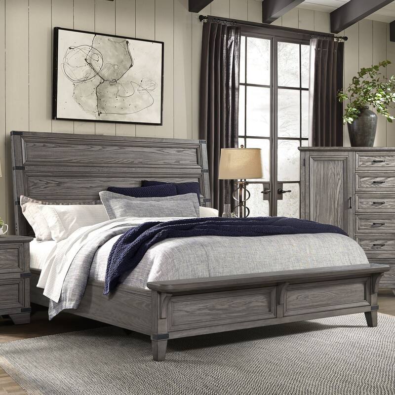 Forge Solid Wood Panel Standard Bed w/ Bench Footboard, Brushed Steel ...
